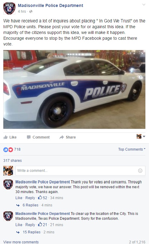 MPD takes to Facebook for input on adding "In God We Trust" to units ...